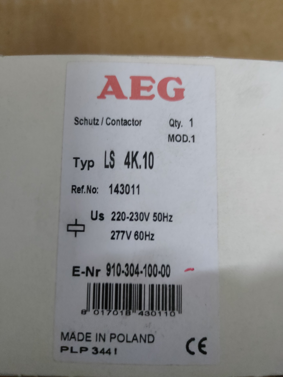 910-304-100 AEG LS4K.10 Contactor, 4kW @AC-3, 1NO Auxiliary Contact, Coil 220-230V 50Hz 277 60Hz ...