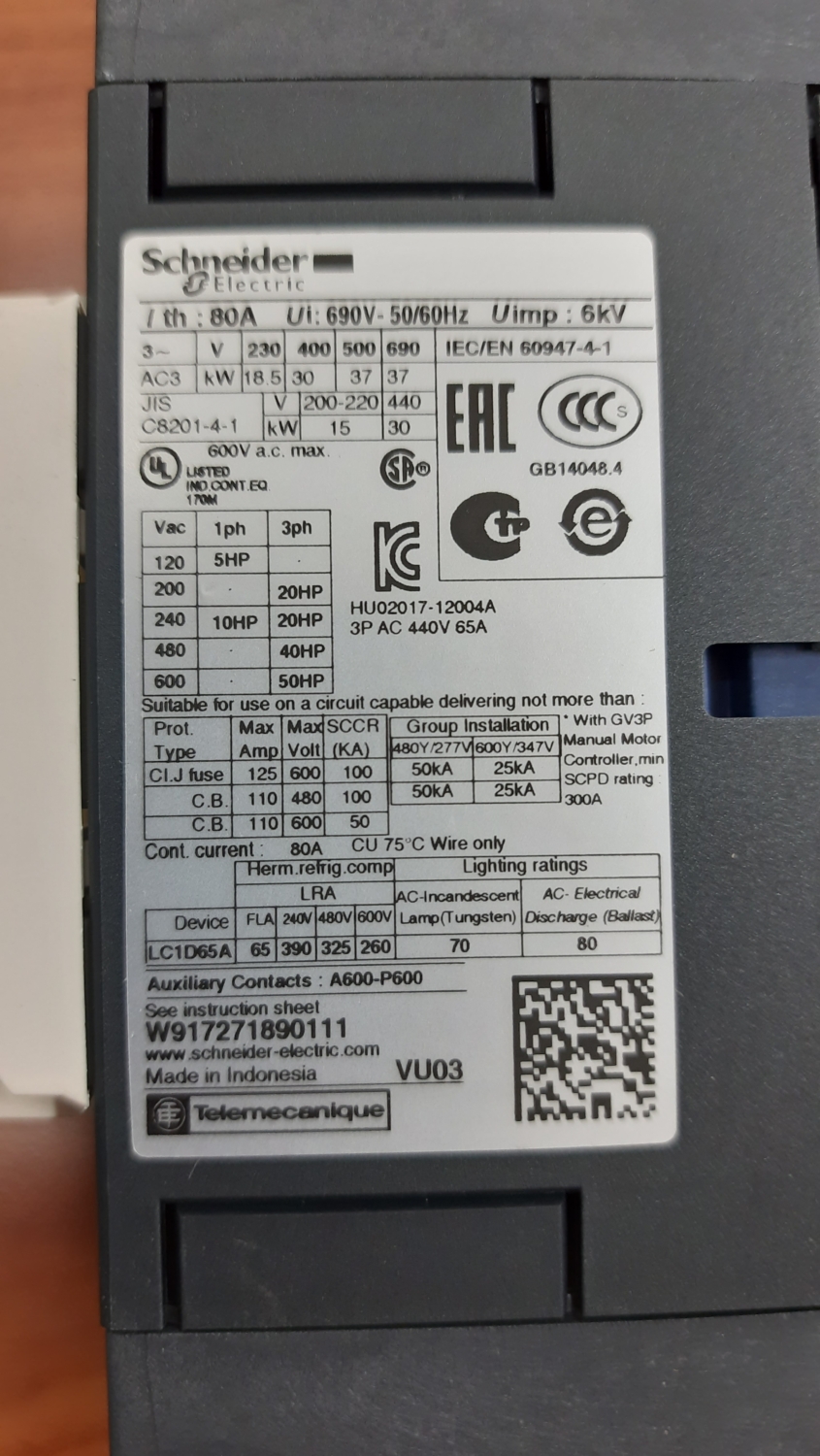 LC1D65AP7 Schneider TeSys Deca contactor,3P(3NO),AC-3/AC-3e,