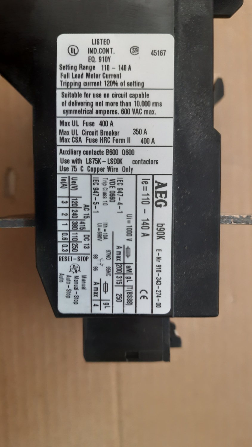 910-343-274-00 AEG b90K 110-140A Thermal Overload Relay UL Listed - Panels and Parts Shopping