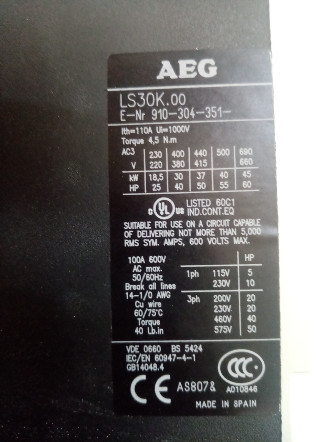 910-304-351-00 AEG LS30K.00 Contactor, 30kW @AC-3, 3-pole, Coil 220 ...