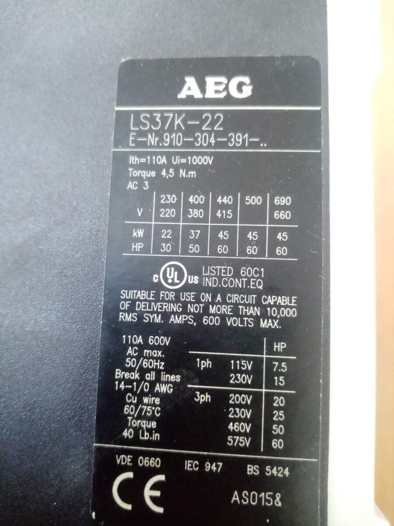910-304-391 AEG LS37K-22 Contactor, 37kW @AC-3, 4-pole, 2 Normally Open ...