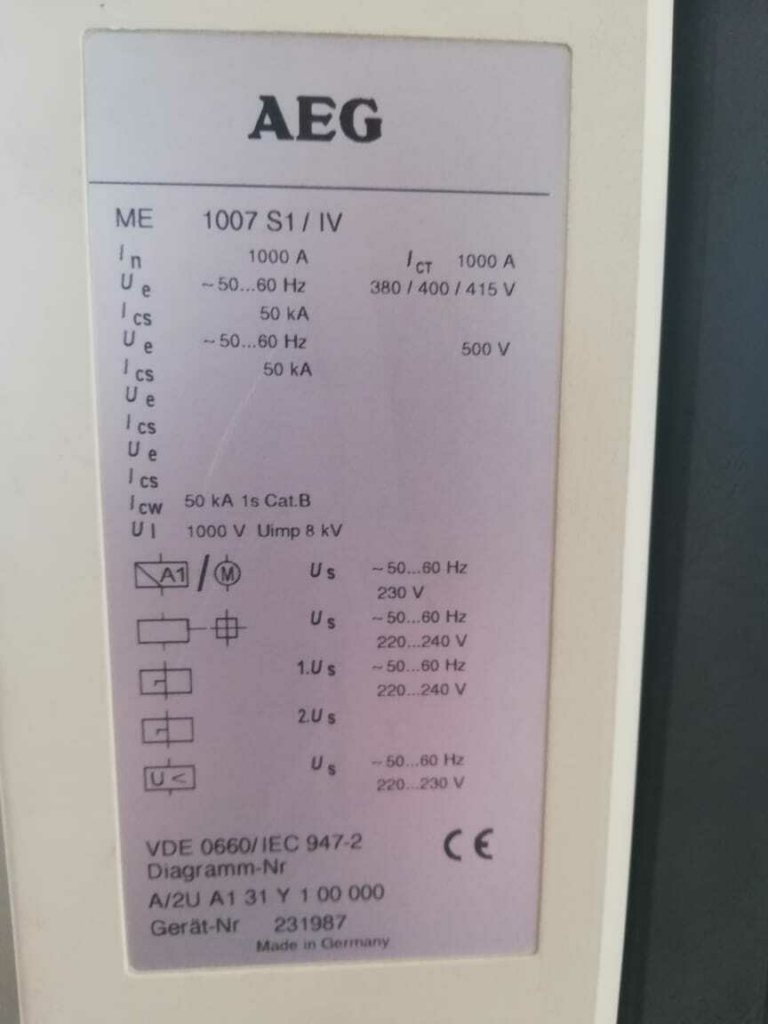ME 1007 S1/IV AEG ME07 Air Circuit Breaker 1000A 4 Pole 50kA - Panels ...